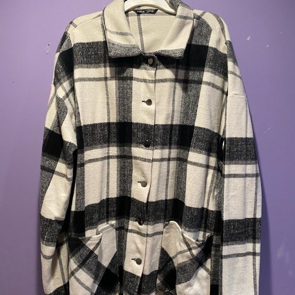 SHEIN | Jackets & Coats | Super Soft Black White Flannel Coat Shein ...